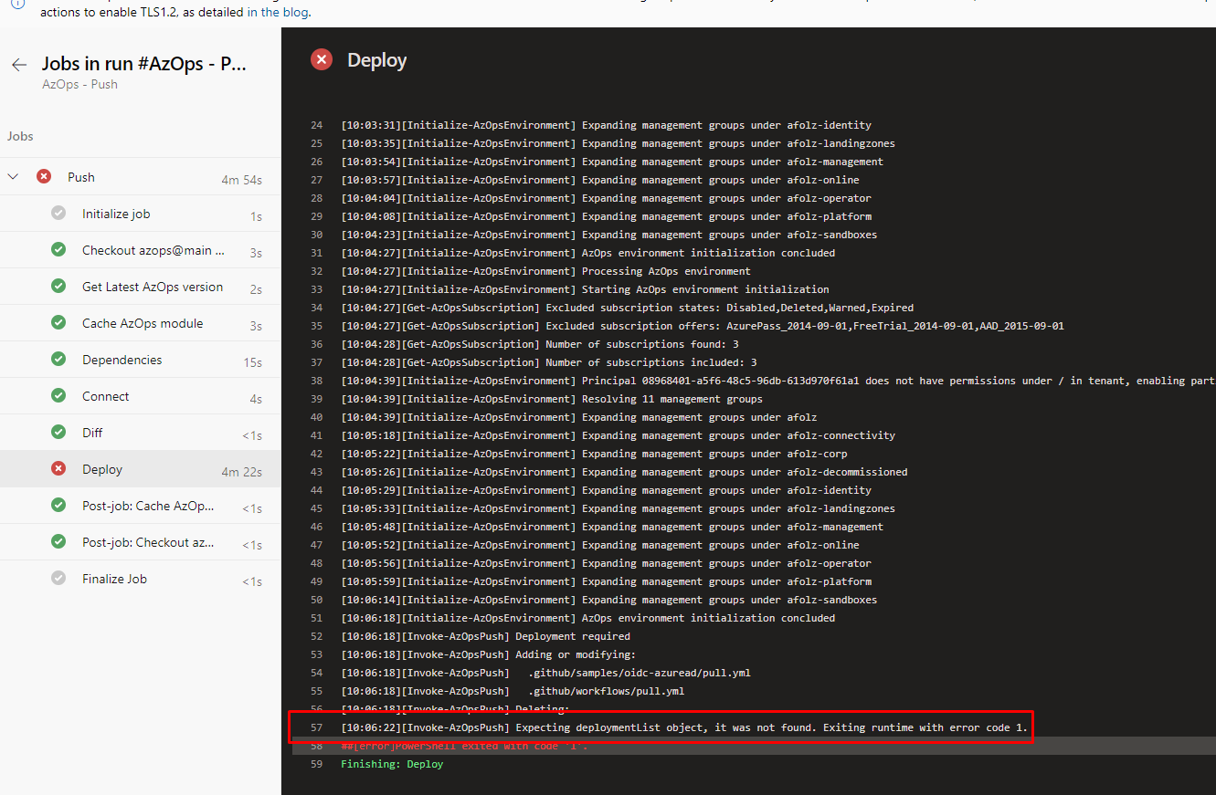 Initial Push pipeline run in ADO fails with `"Expecting deploymentList ...