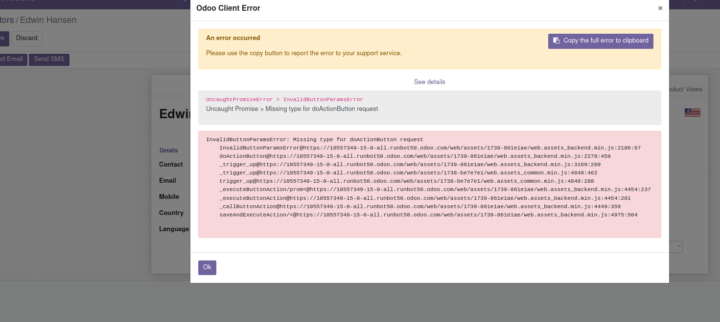 [15] website: traceback on clicking on visits button on website · Issue #78500 · odoo/odoo · GitHub