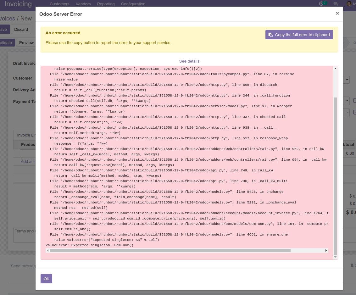 [12] Expected singleton: uom.uom() on selecting uom on Invoice line ...