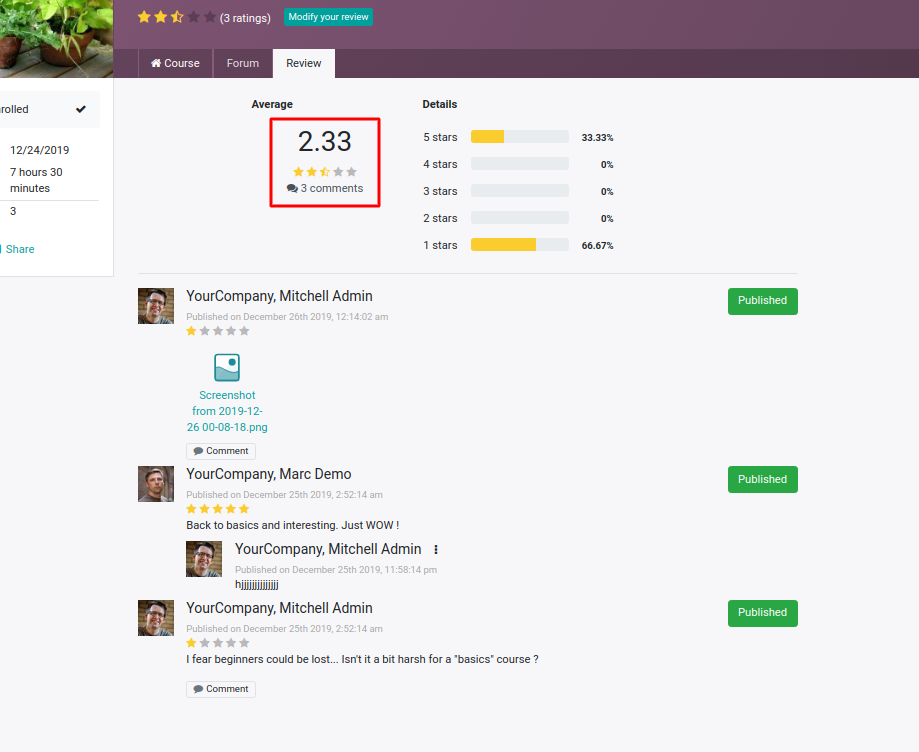 [13.0] Elearning: Inconsistency between Comments/Ratings Count · Issue #42365 · odoo/odoo · GitHub