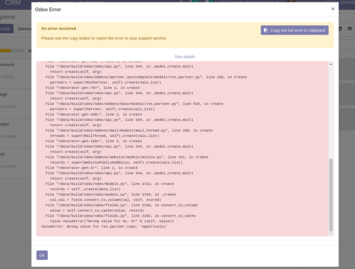 [13.0] Tracback on Creating Cutomer from Pipeline's Kanban · Issue ...
