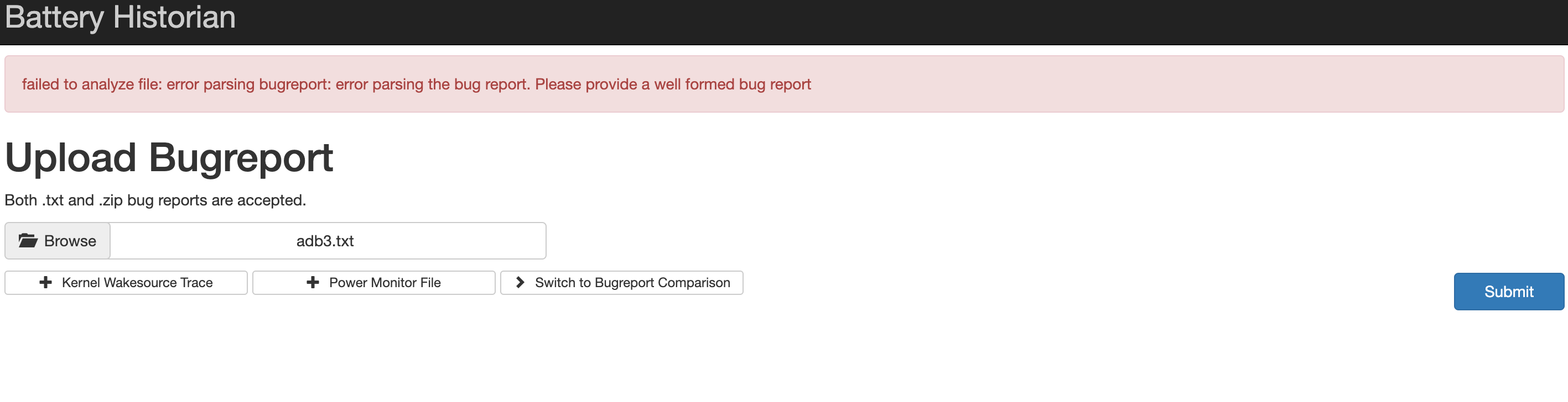 use battery-historian to analysis the bugreport file failed but using local device is Ok. Anyone ...