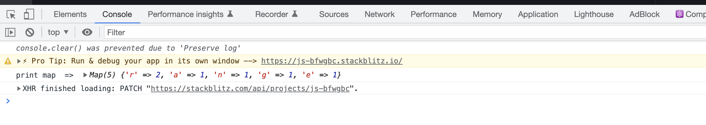 Console.log is not working in preivew local for Map · Issue #1939 · stackblitz/core · GitHub