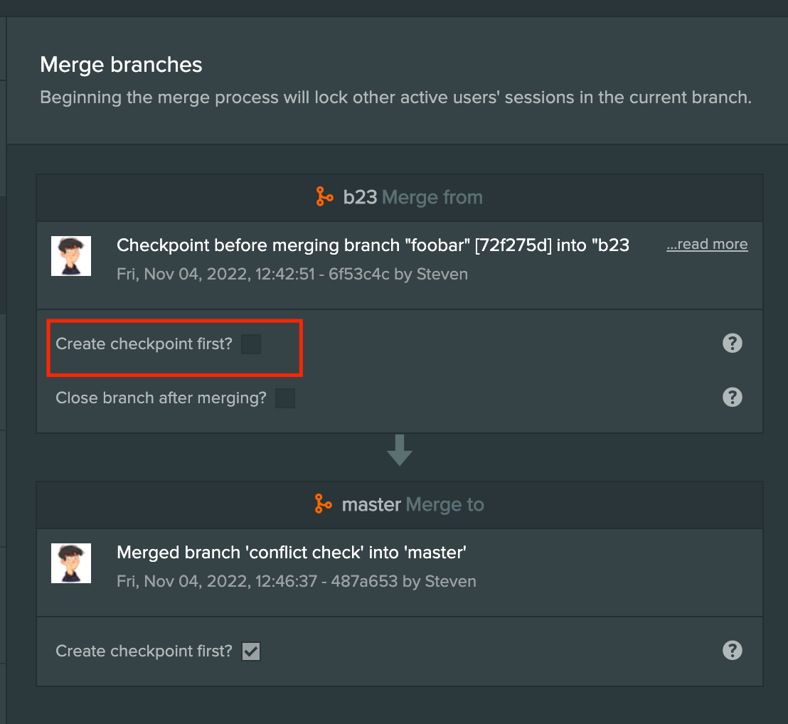 During a version control merge, change default option from source branch to create a checkpoint ...