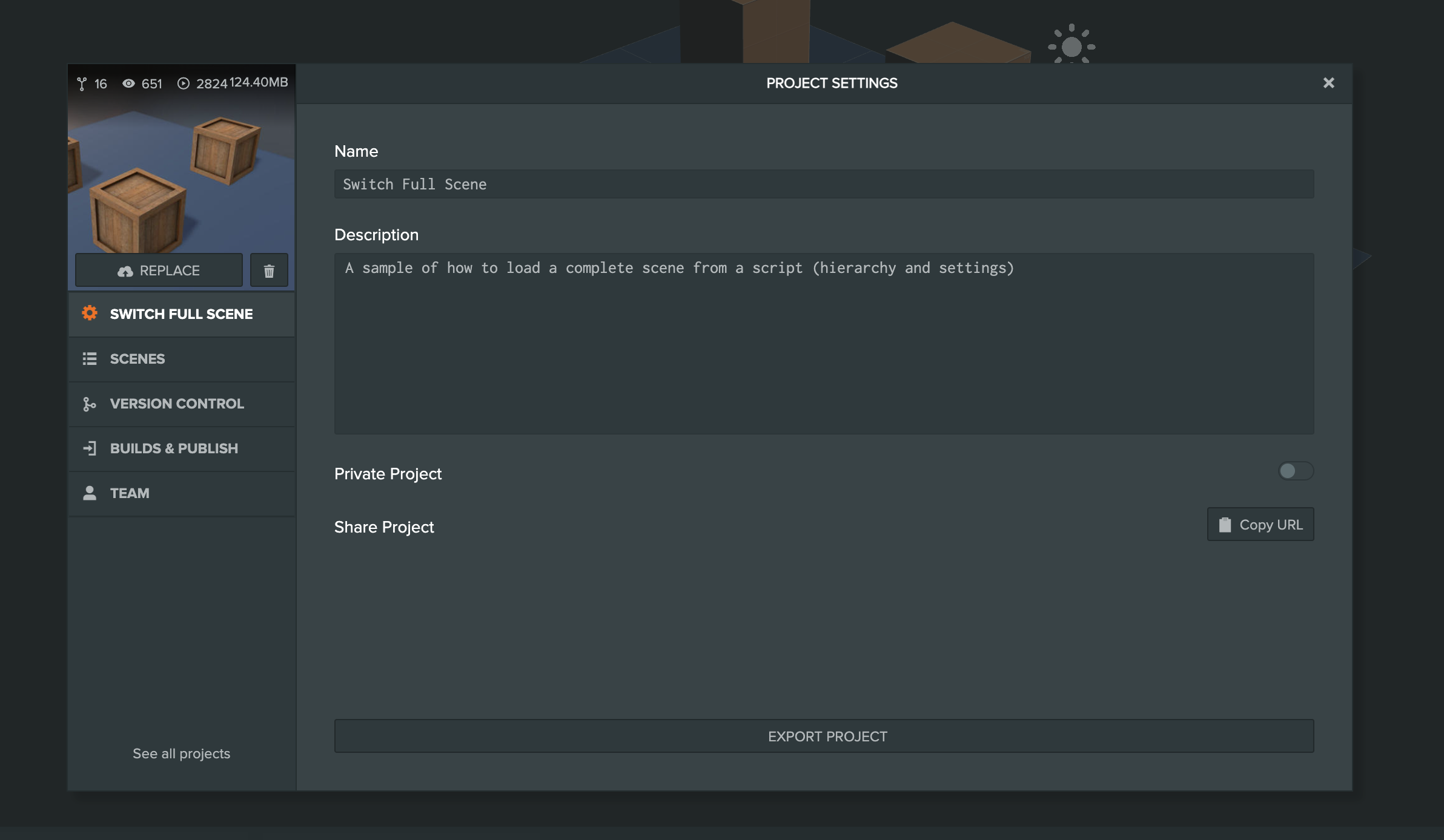 Export Project In Settings Panel New Editor Dashboard Should Export The Current Branch