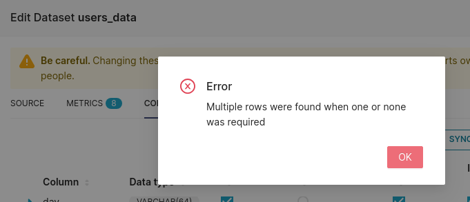 can't edit existing dataset to add a column "Multiple rows were found when one or none was ...