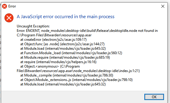 Javascritp error accured in the main process · Issue #422 · bitwarden/desktop · GitHub