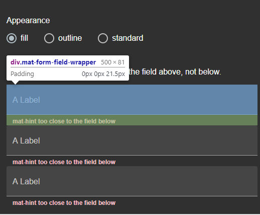 mat-hint spacing looks wrong when appearance === "fill" · Issue #12046 · angular/components · GitHub