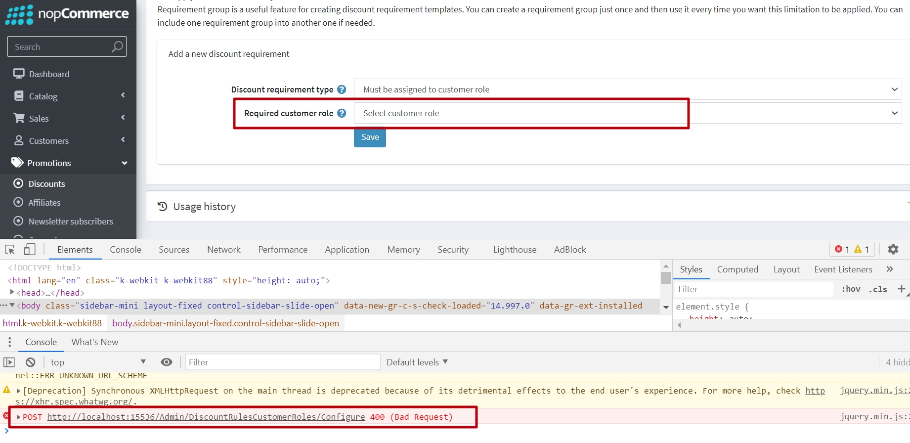 Gets an error when adding a new discount requirement type with not selected customer role ...