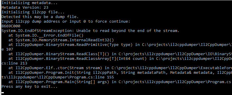 Dumping from dump file. (Unable to read beyond the end of the stream.) · Issue #452 · Perfare ...