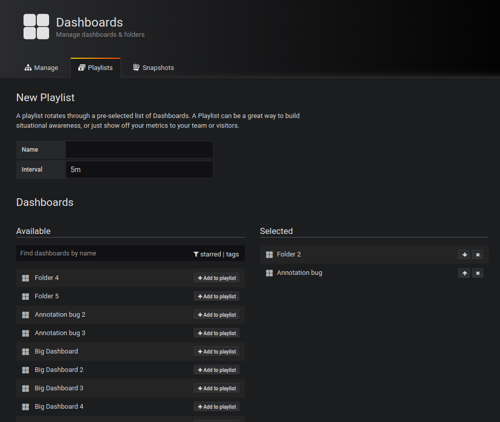 Grafana 5.0: Don't display folders when editing playlists · Issue #10254 · grafana/grafana · GitHub