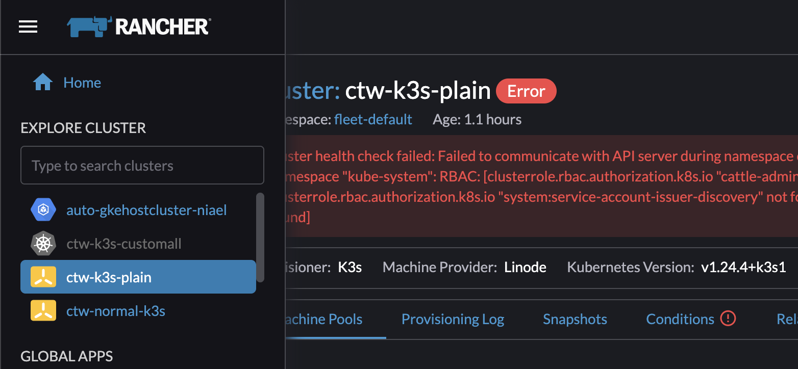k3s cluster in `error` state still accessible through `explore cluster` and home page · Issue ...