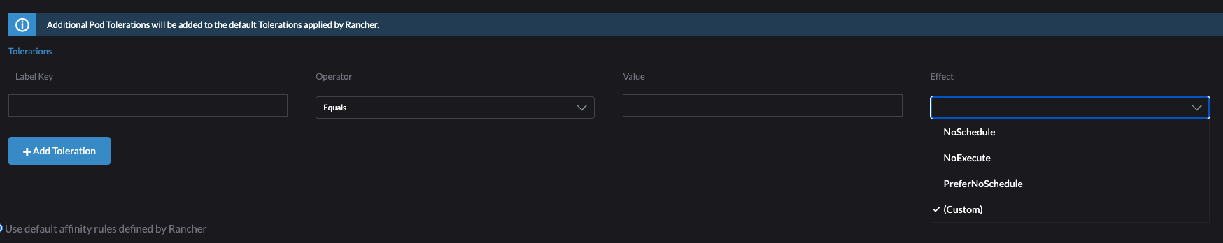 rke1 agent customization toleration effect displays as `(custom)`, should display as `all ...