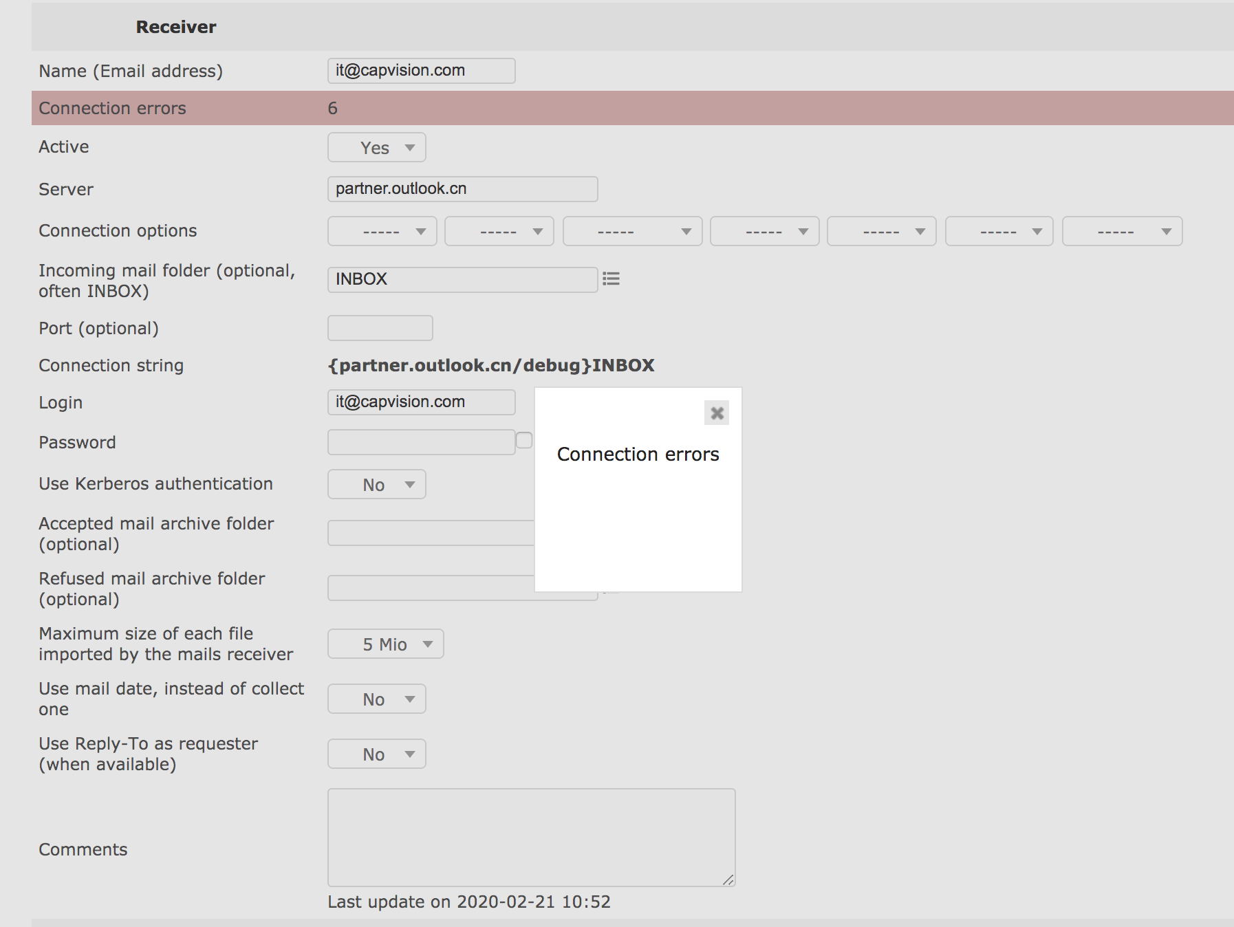 receivers error when receive mail to create ticket · Issue #6960 · glpi-project/glpi · GitHub