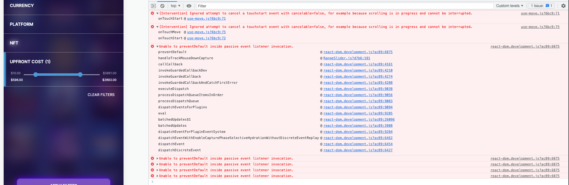 RangeSlider on Touch devices throws error "Unable to preventDefault inside passive event ...