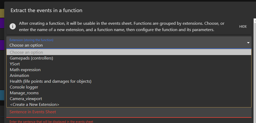 Extract the events in a function + Dark theme : unreadable extensions list · Issue #1415 · 4ian ...