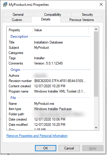 How to set "Revision Number" when displaying properties of an MSI file ...