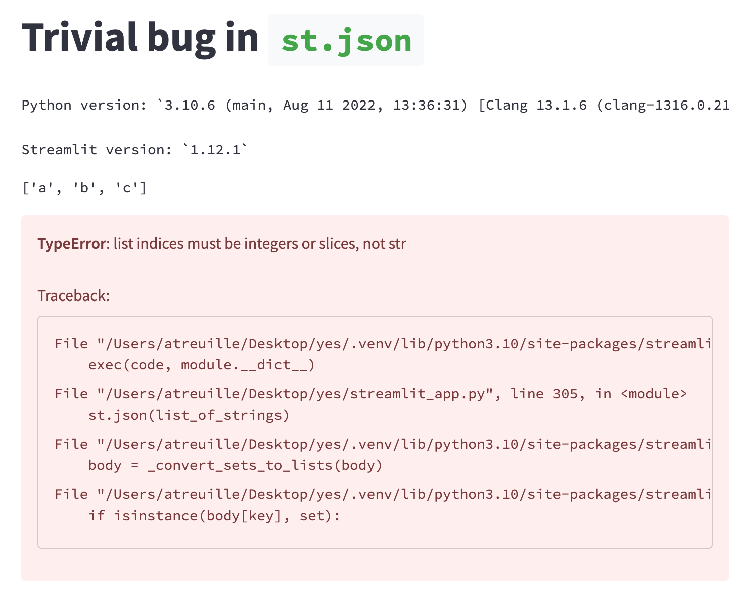 Stjson Doesnt Display Lists Of Strings Properly · Issue 5228 · Streamlitstreamlit · Github 5982