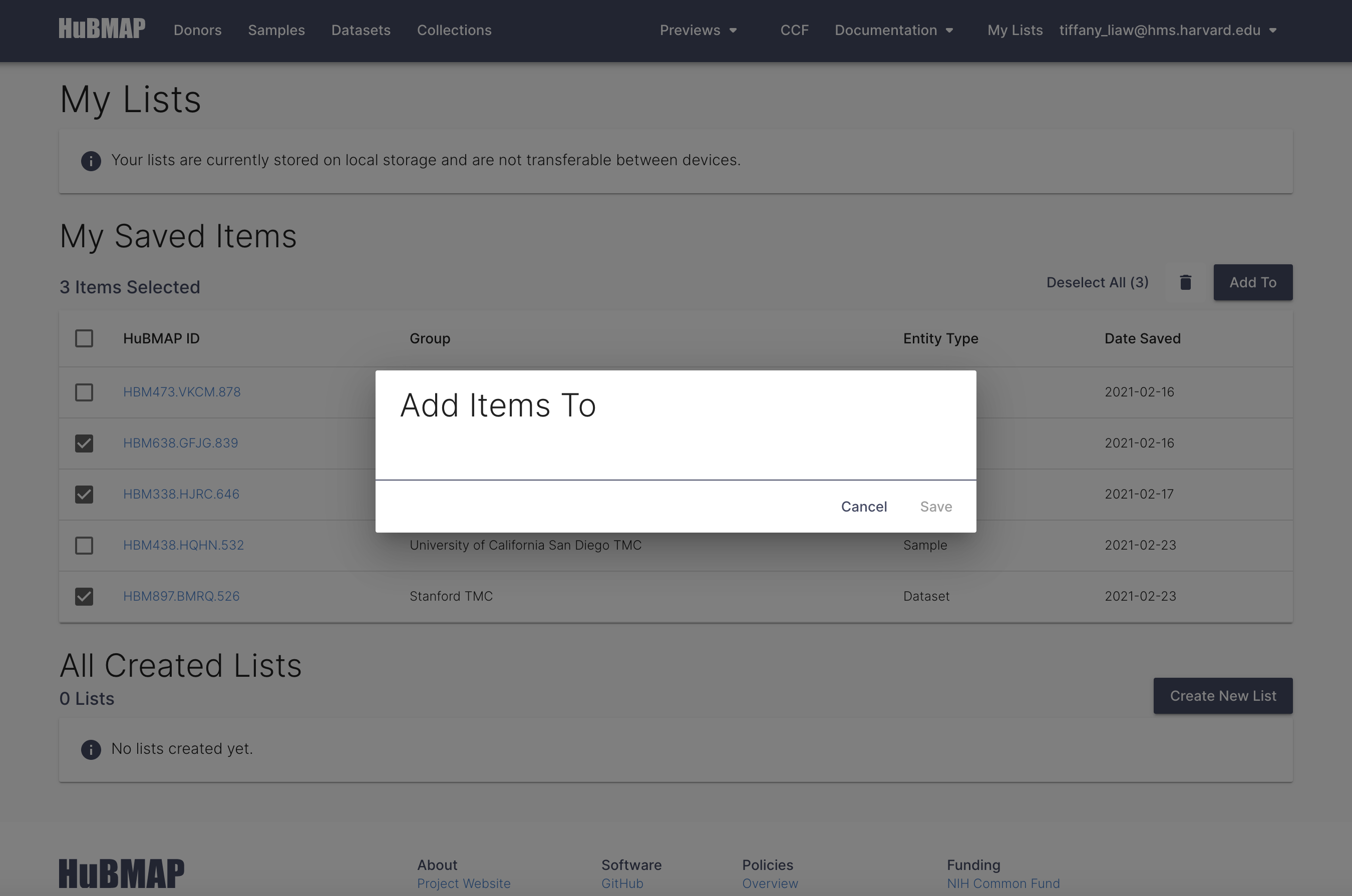 Adding Saved Items When No Lists Are Created Dialog Box · Issue 1582 · Hubmapconsortium Portal