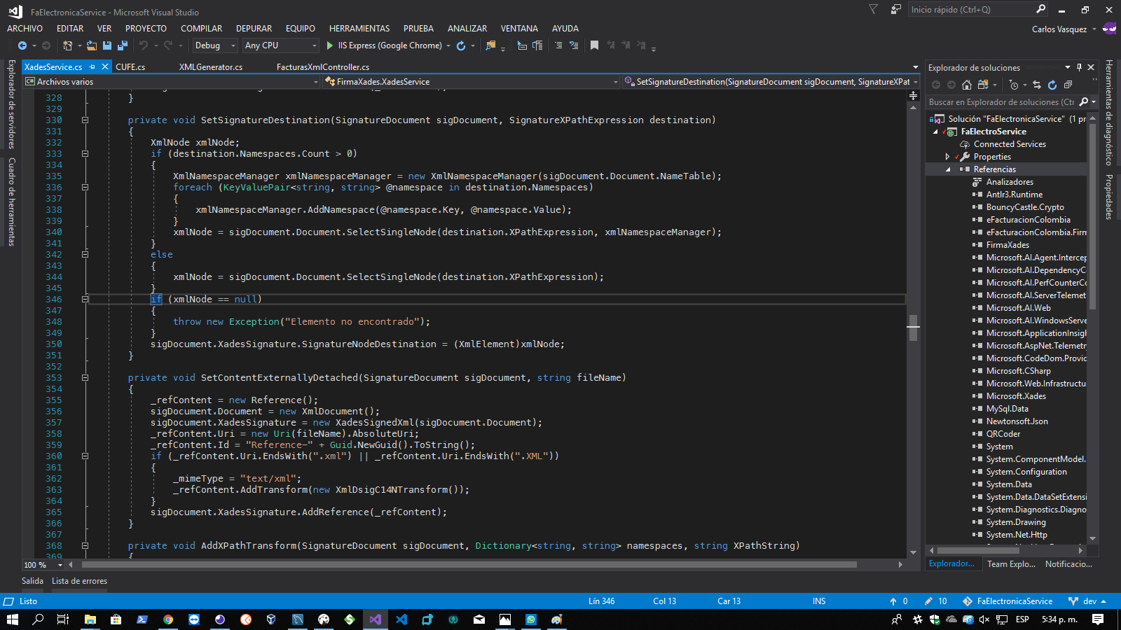 A que se refiere la excepción "Elemento no encontrado" en XadesService ...