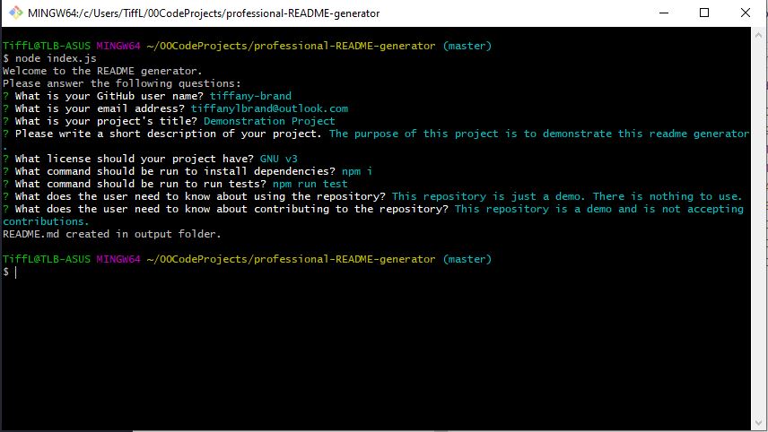 GitHub - tiffany-brand/professional-README-generator: A command line application that allows the ...