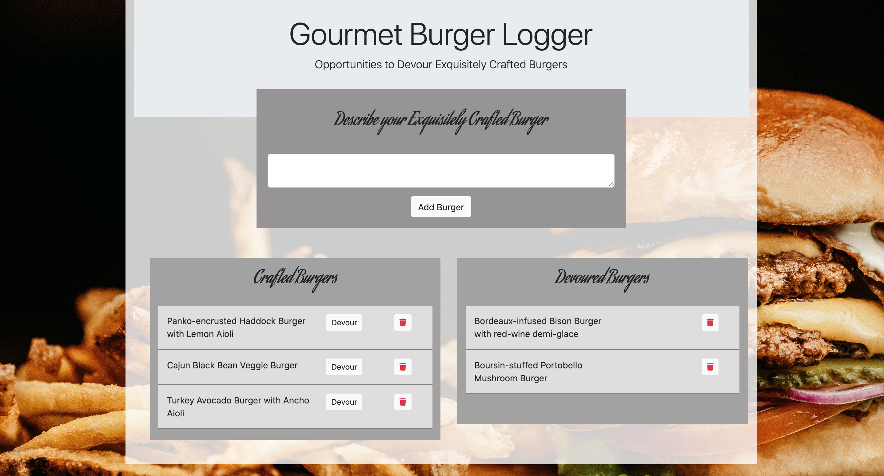 GitHub - tiffany-brand/gourmet-burger-logger: The Gourmet Burger Logger ...