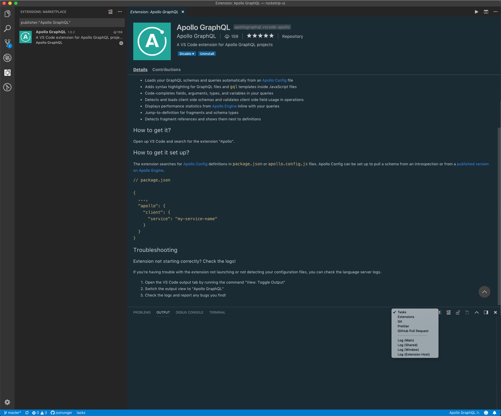 Apollo GraphQL not appearing in VSCode output view dropdown