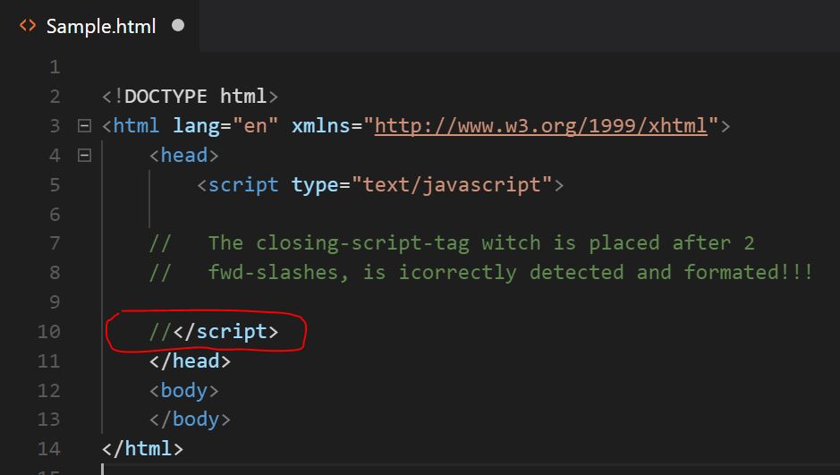Html Script Closing tag Not Detected When Occurs Immediately After 2