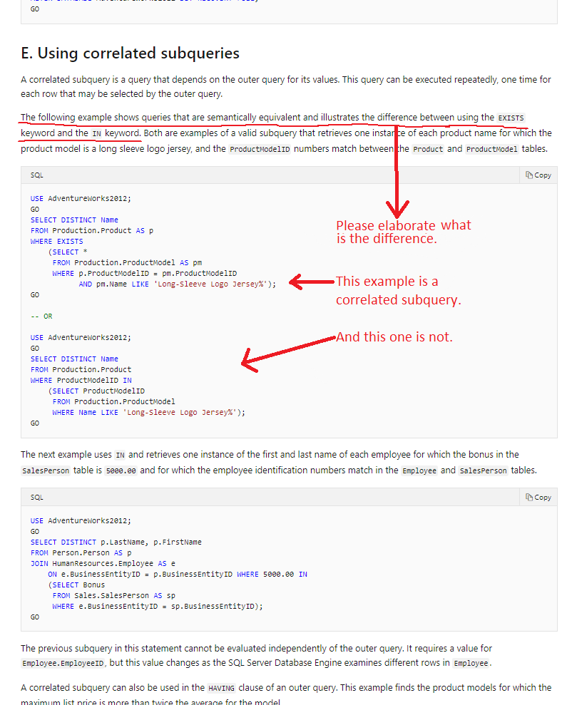 In Exapme (E) Using correlated subqueries, misleading content · Issue ...