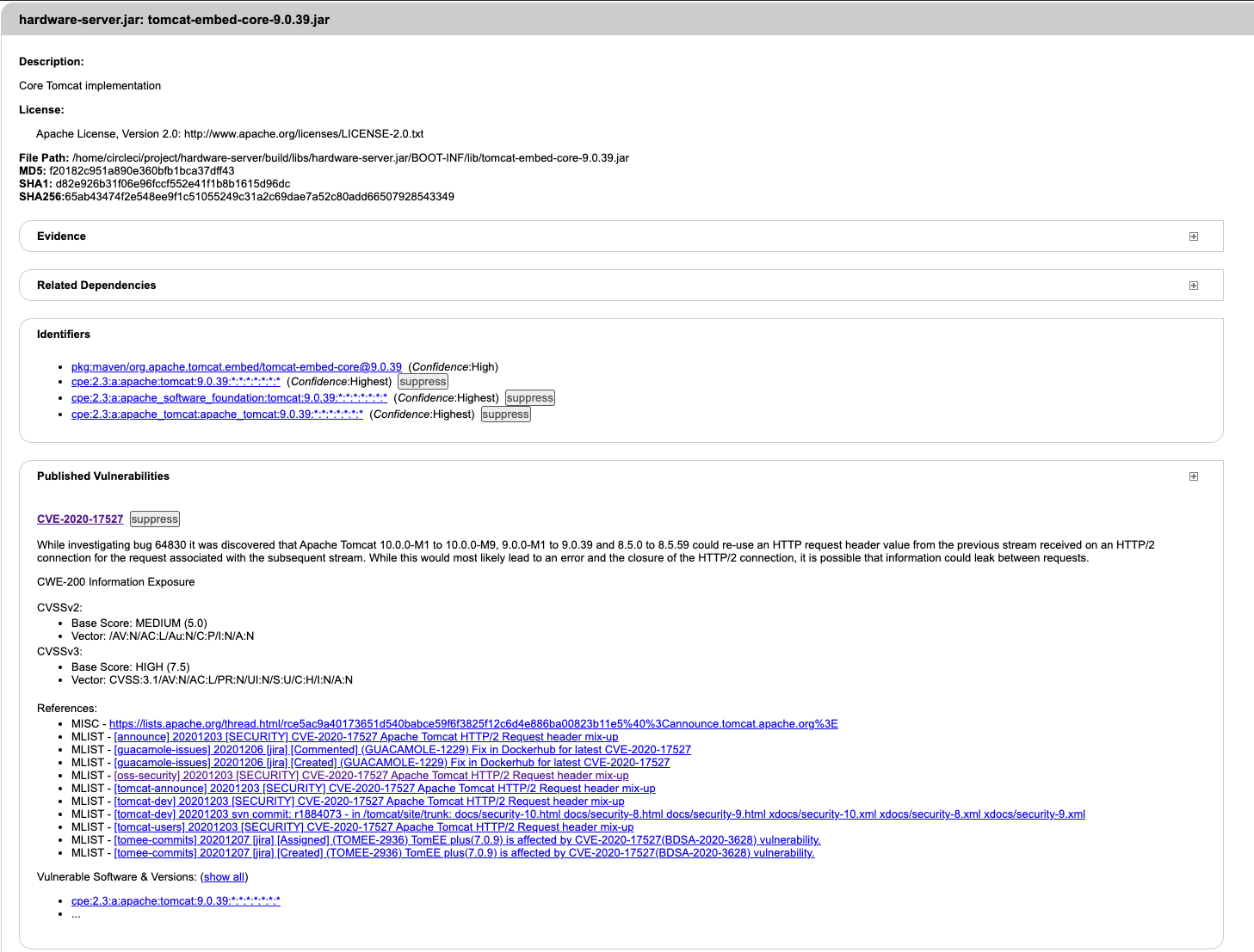 Unable to suppress CVE_2020_17527 · Issue #3008 · jeremylong/DependencyCheck · GitHub