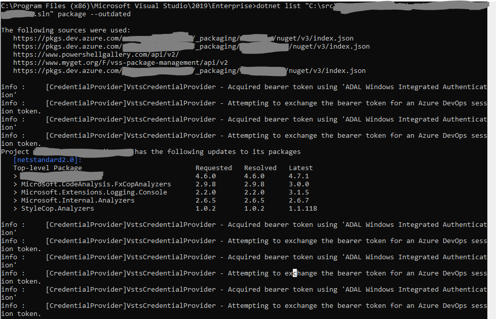 Output of dotnet list package --outdated, when used with VstsCredentialProvider, is very noisy ...