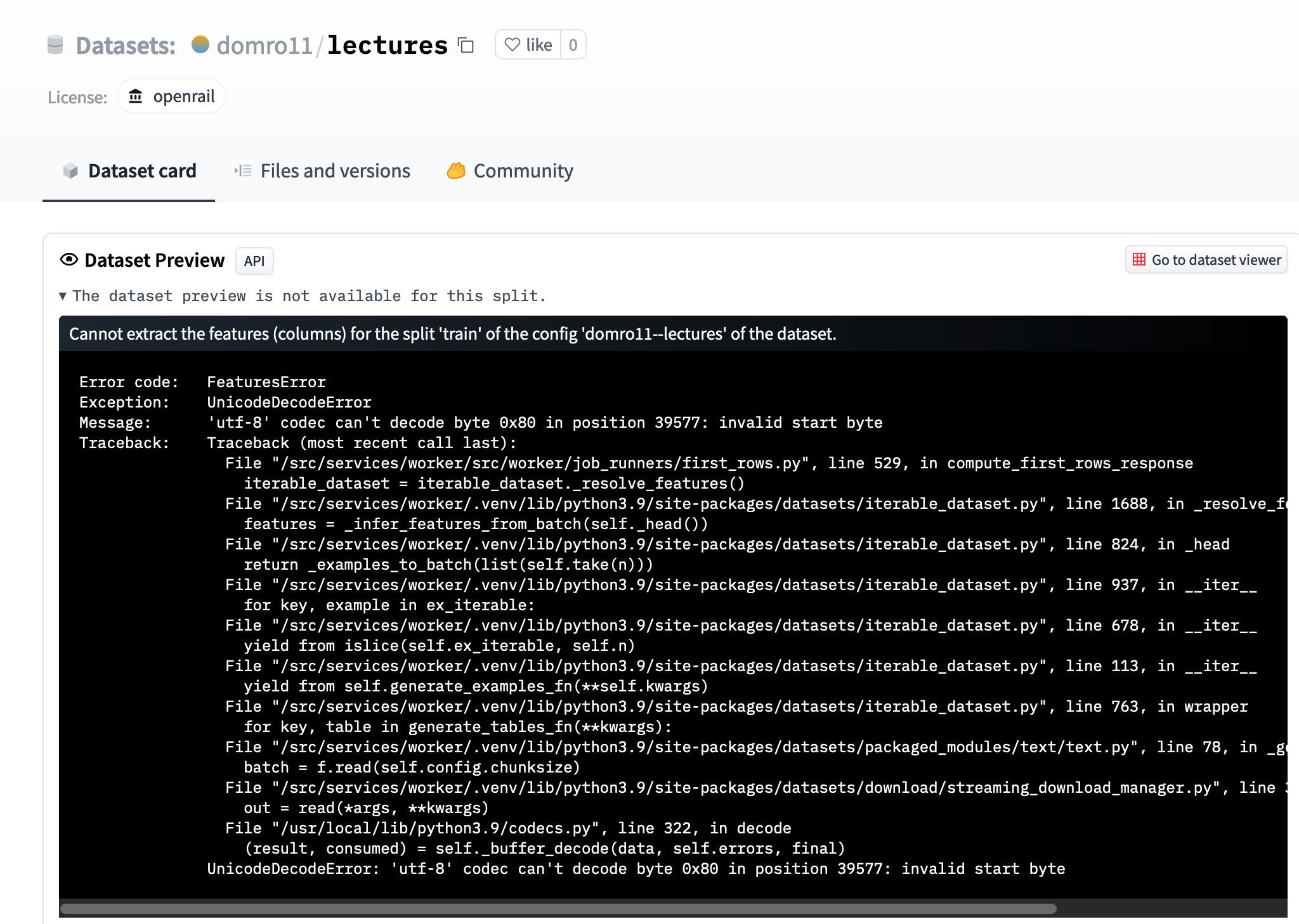 Dataset Viewer issue for domro11/lectures · Issue #946 · huggingface/dataset-viewer · GitHub