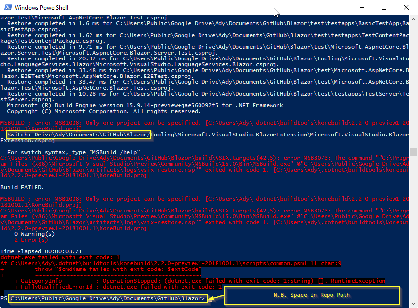 build.cmd fails if repo path includes space · Issue #15539 · dotnet/aspnetcore · GitHub