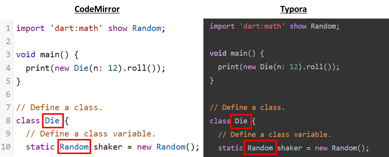 [Bug] Code Fence Dart Language Syntax Highlighting Differs from CodeMirror.net - cm-variable2 ...