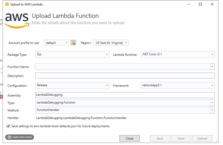 Upload Lambda function dialog overwrite values for Assembly/Type/Method when I enter my function ...