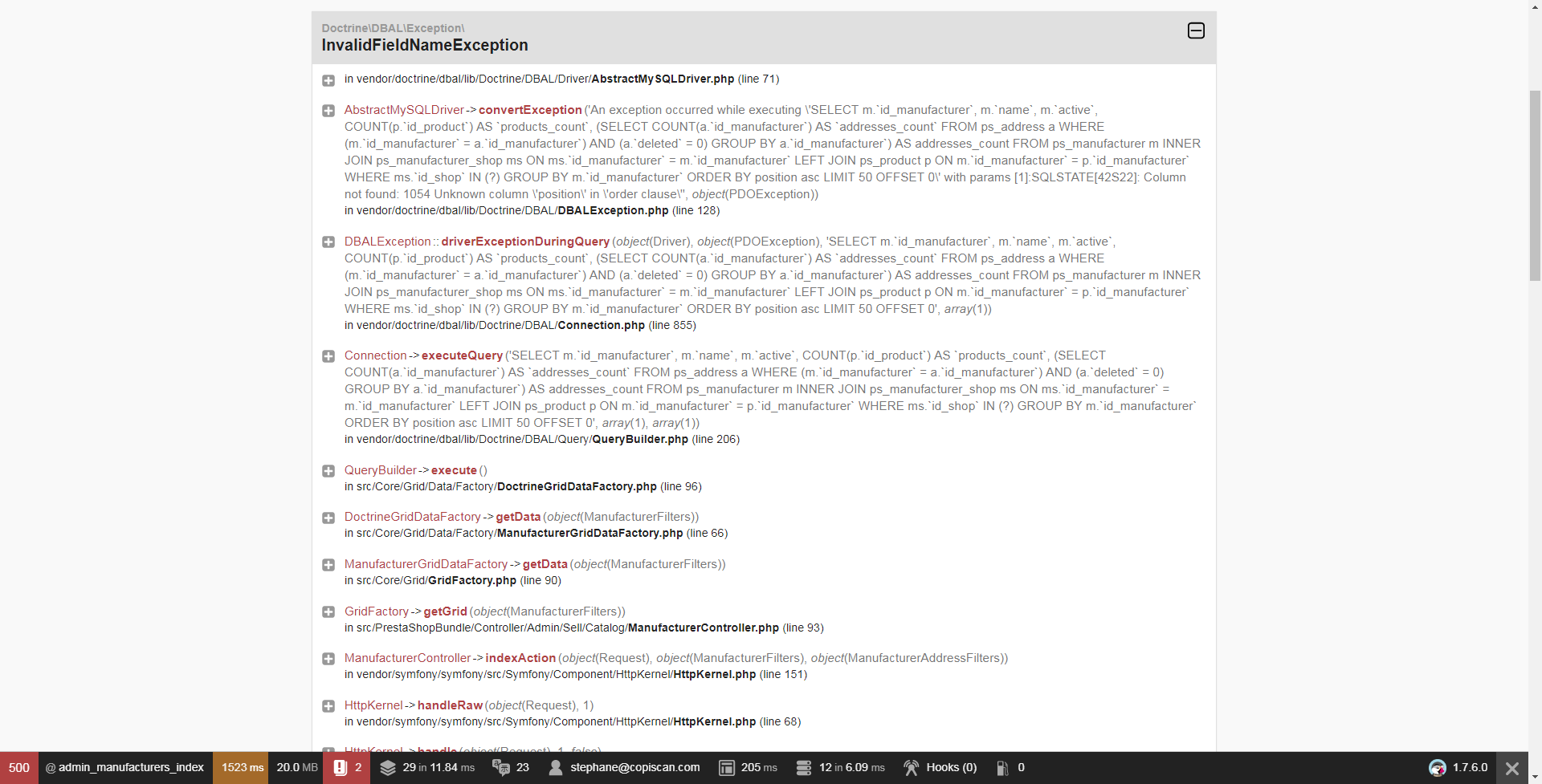 Manufacturer BO error: SQLSTATE[42S22]: Column not found: 1054 Unknown column 'position' in ...