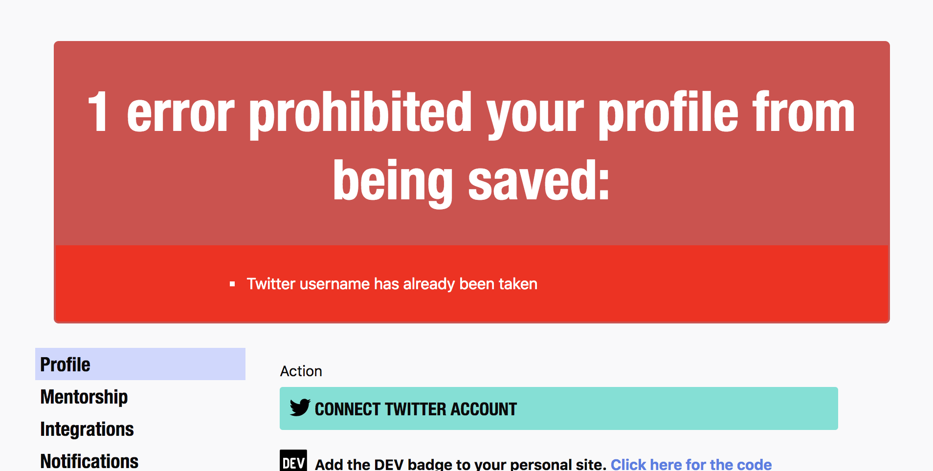 "Twitter username has already been taken" error on profile settings ...
