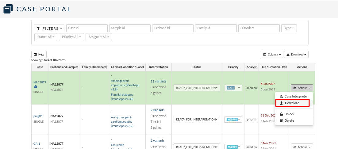 Case Download action in Case Portal retrieve all cases instead only its ...