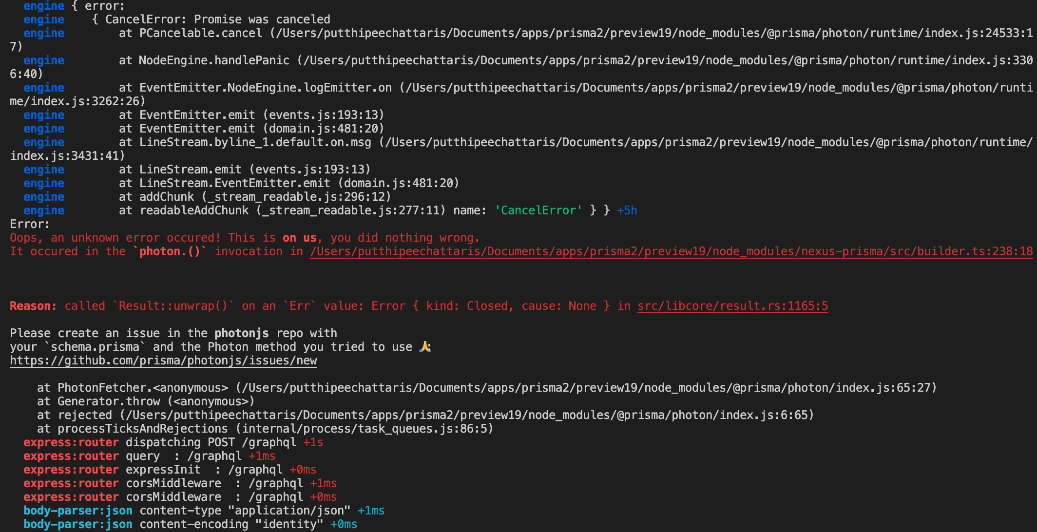 Unknown error occur after query · Issue #1234 · prisma/prisma · GitHub