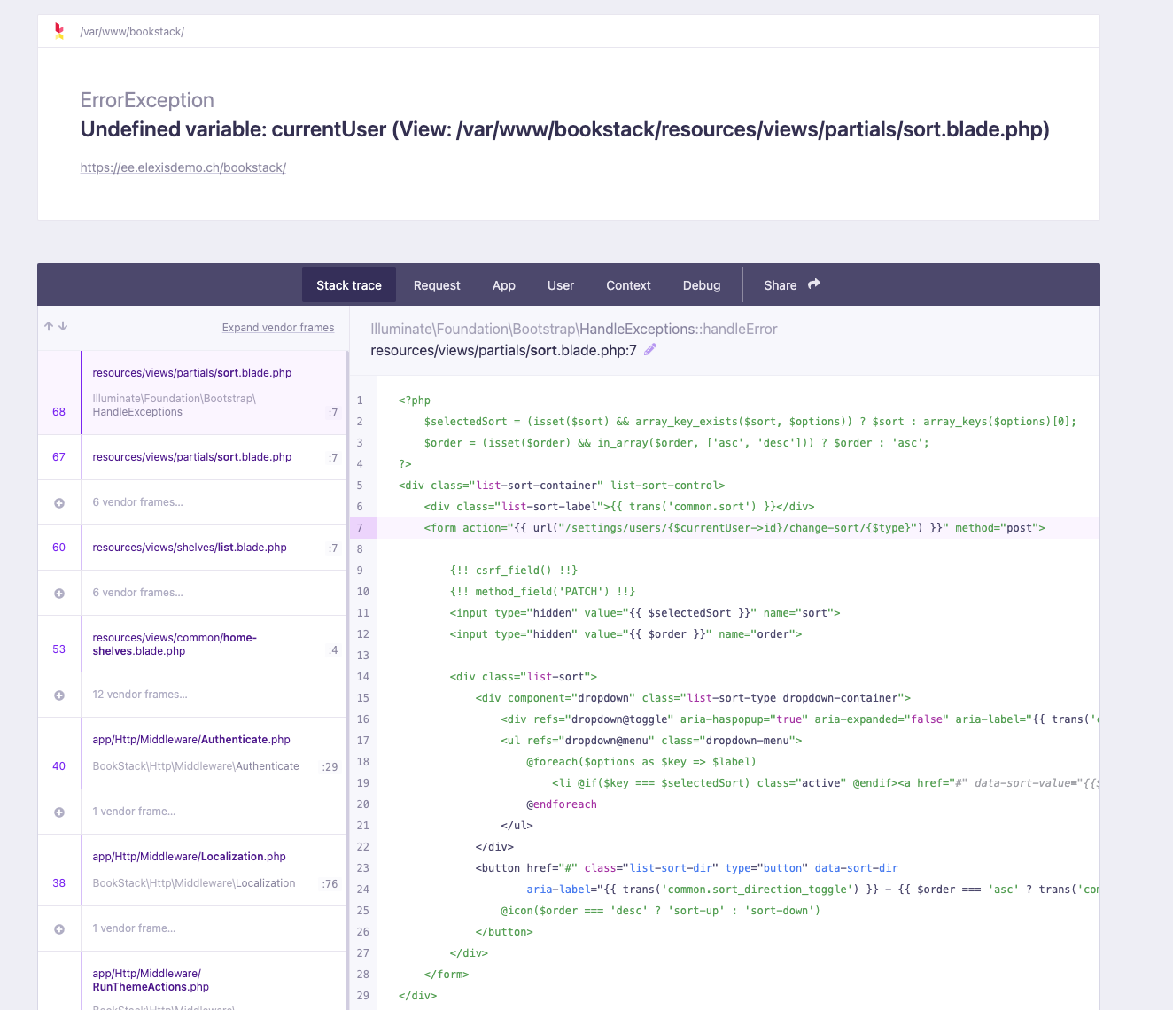 Undefined variable: currentUser (View: /var/www/bookstack/resources/views/partials/sort.blade ...