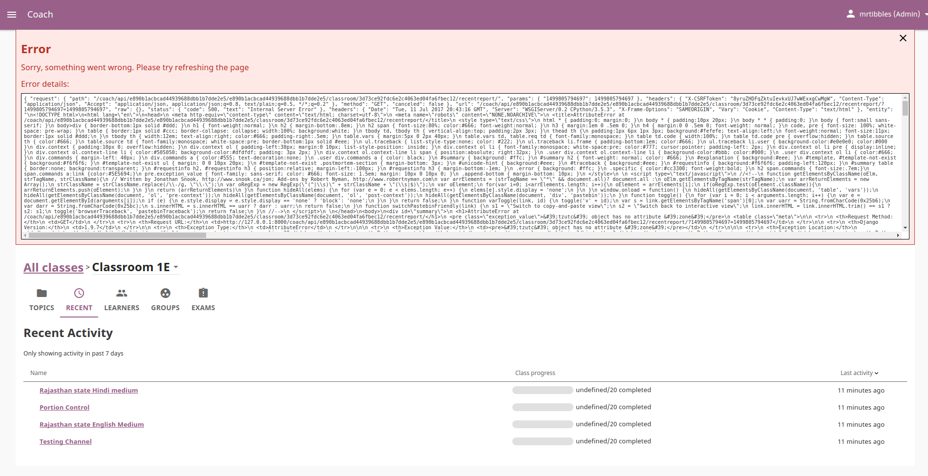 When accessing a channel under the 'Recent' coach reports tab, an error is thrown · Issue #1824 ...