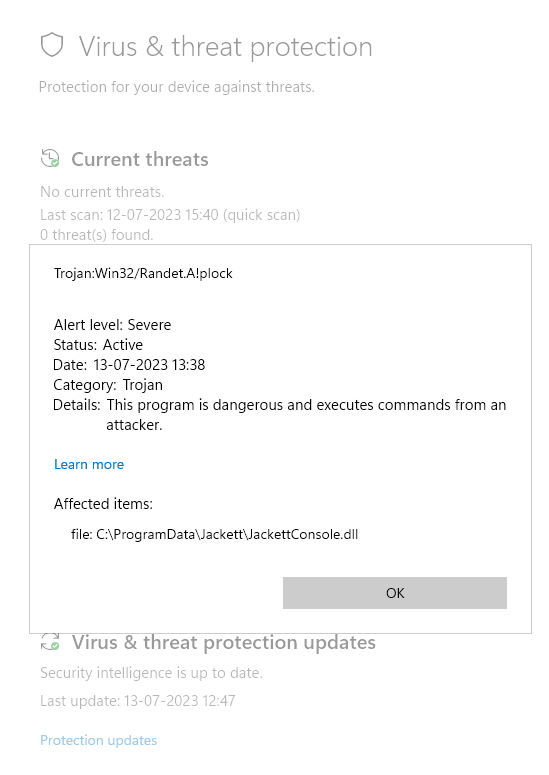 MS Defender flags JacketConsole.dll as containing Trojan:Win32/Randet.A ...