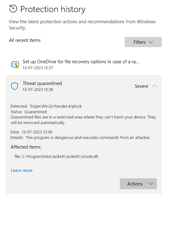 MS Defender flags JacketConsole.dll as containing Trojan:Win32/Randet.A ...