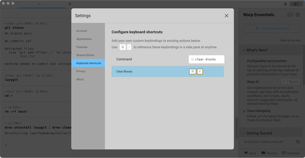 Clear Blocks is missing from of Keyboard shortcuts in Settings · Issue #1899 · warpdotdev/Warp ...