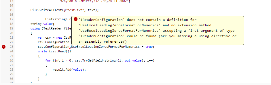 Missingmethodexception While Using Csvhelper Useexcelleadingzerosformatfornumerics True