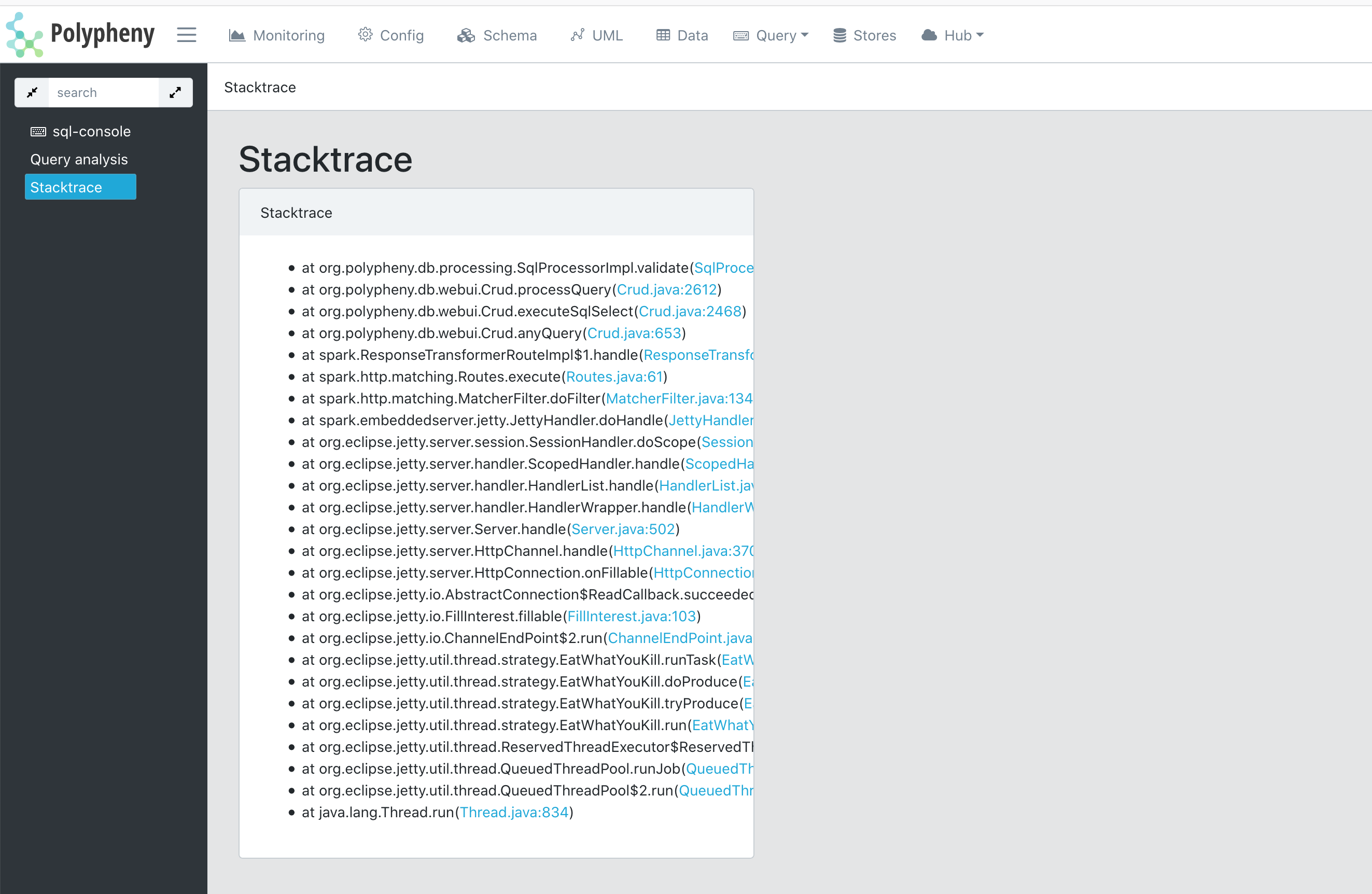 Display stacktrace for failed queries in Polypheny-UI · Issue #224 · polypheny/Polypheny-DB · GitHub