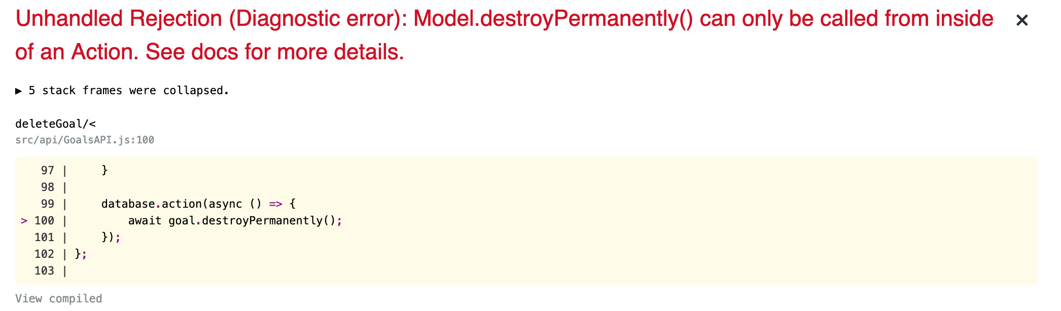 Model.destroyPermanently() can only be called from inside of an Action when it is called from ...
