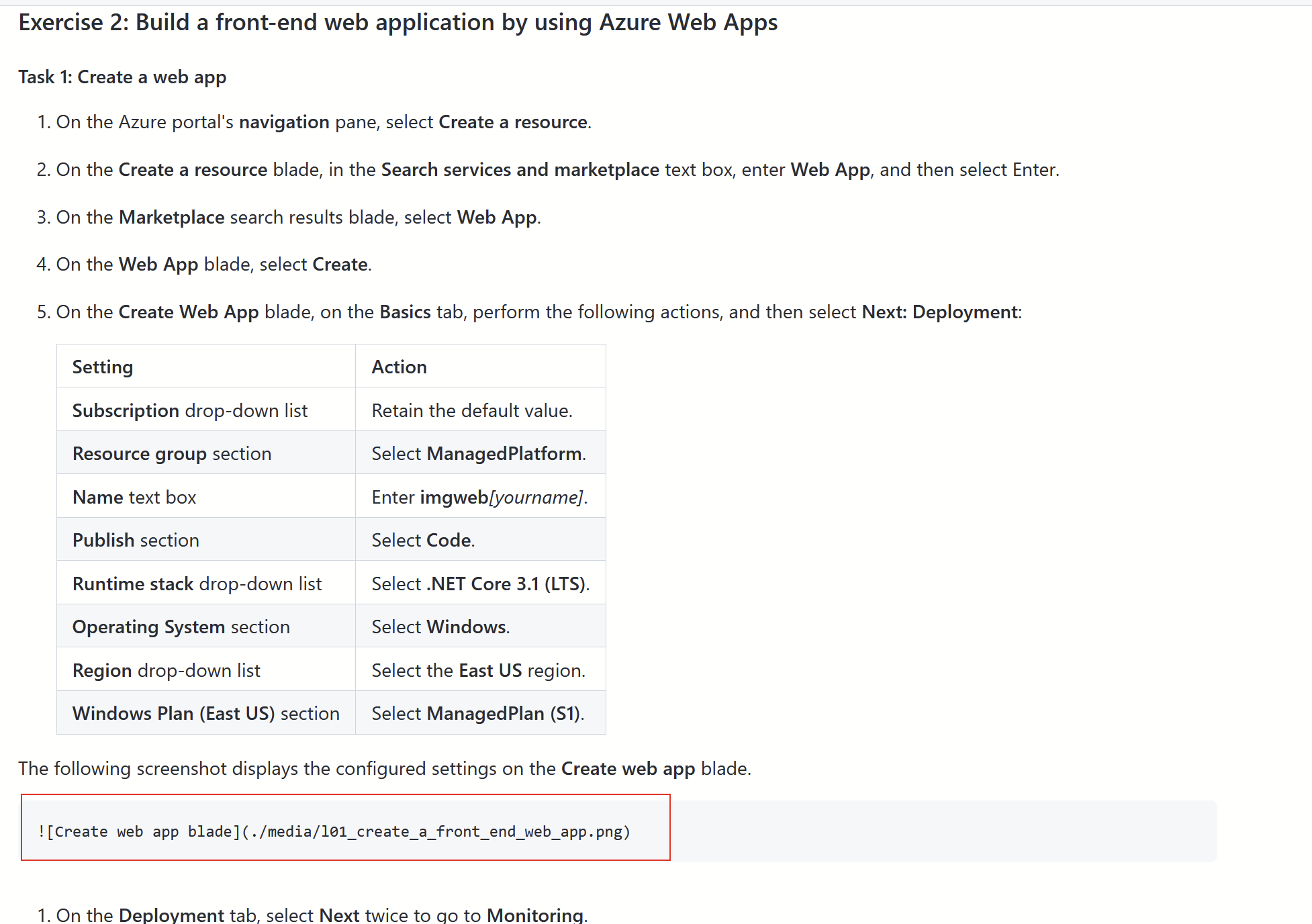 Lab 1 "Exercise 2: Build a front-end web application by using Azure Web Apps" image could not ...