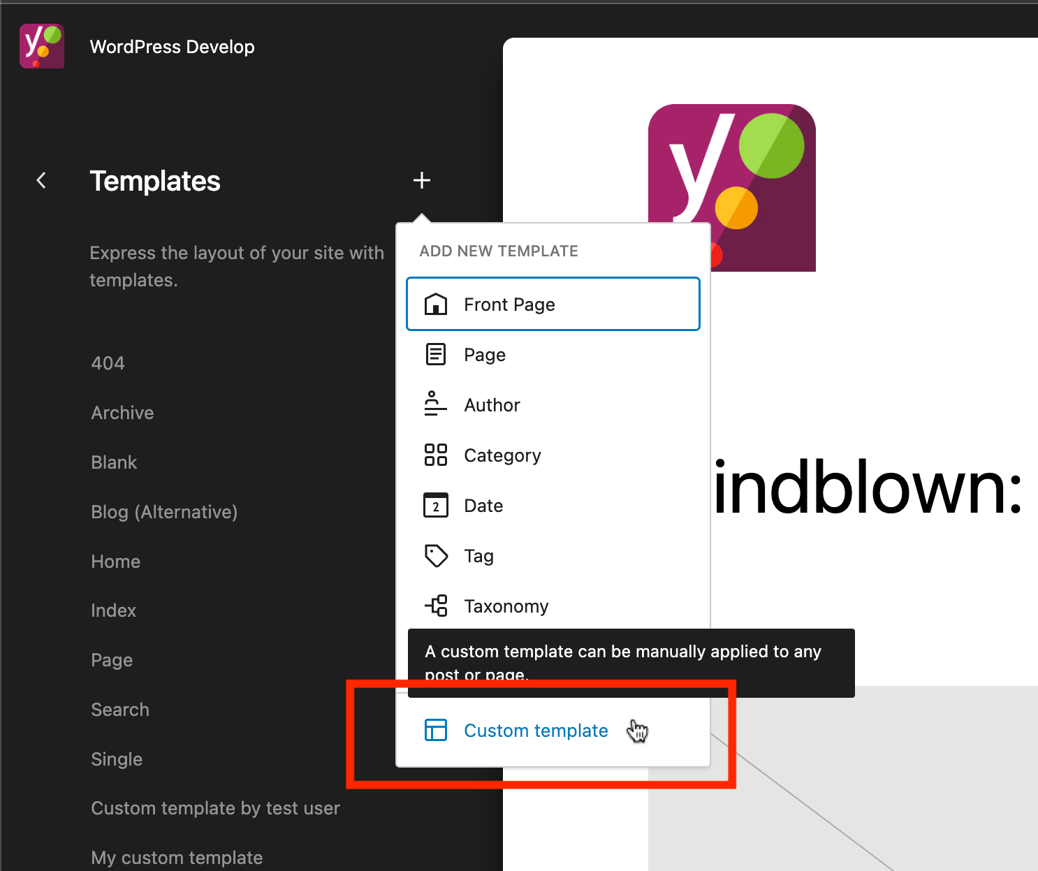Custom template 'Choose a pattern' modal dialog doesn't open when there ...