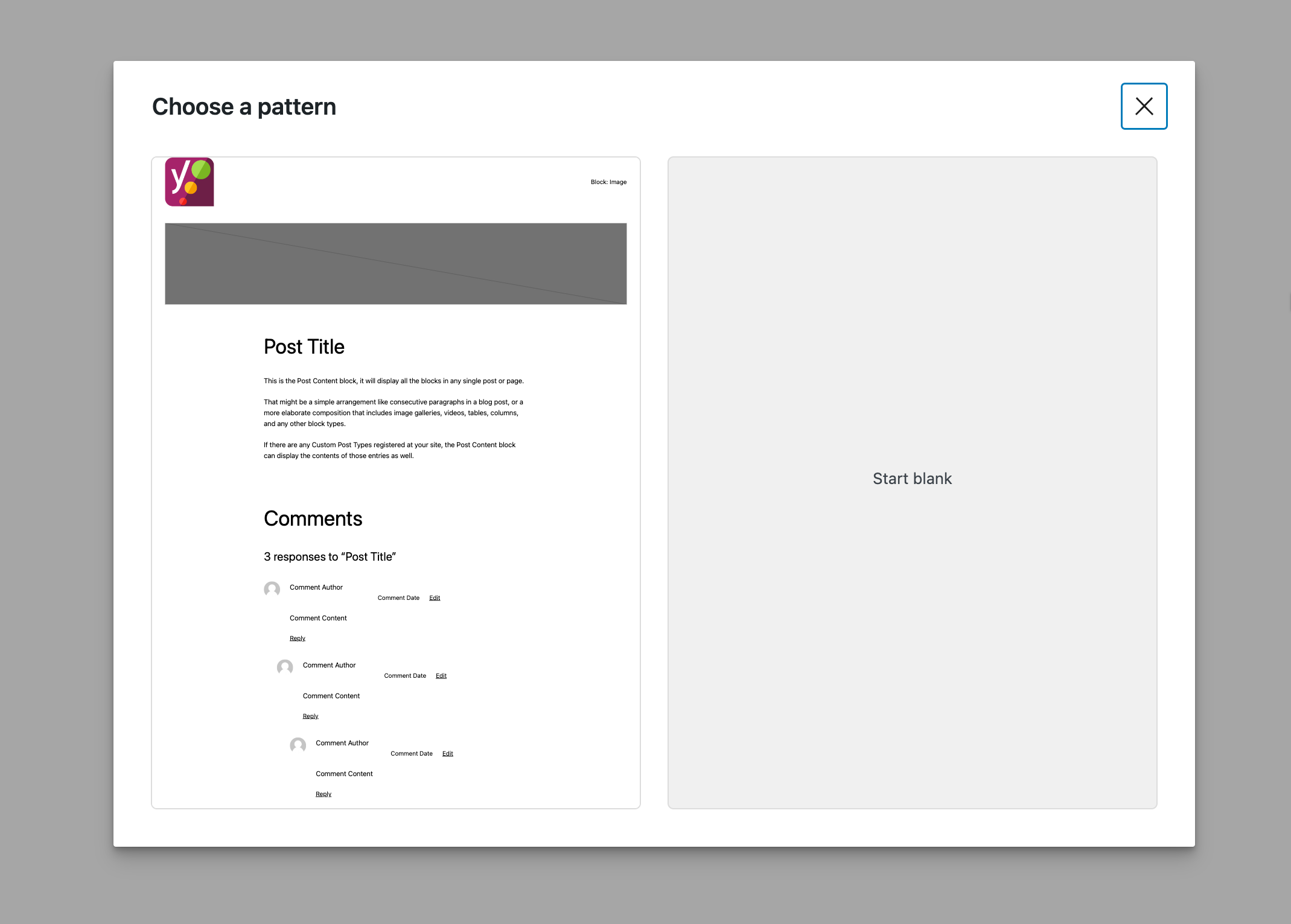 Custom template 'Choose a pattern' modal dialog doesn't open when there are unsaved changes ...